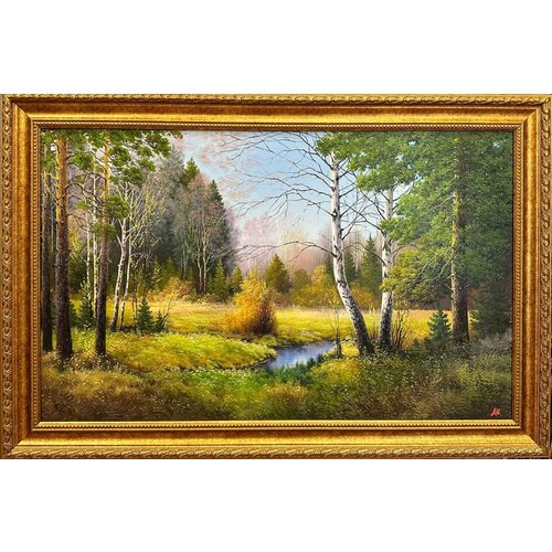 Картина маслом, летний пейзаж "Ручей в лесу" 1