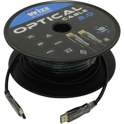 Кабель HDMI Wize [AOC-HM-HM-10M] оптический, 10 м, 4K/60HZ 4:4:4, v.2.0, ARC, 19M/19M, HDCP 2.2, Ethernet, черный, коробка