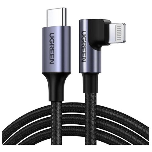 Угловой кабель Ugreen USB C - Lightning, в оплетке, цвет серо-черный, 1 м (60763)