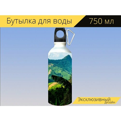 Бутылка фляга для воды "Горный пейзаж, горы, северный таиланд" 750 мл. с карабином и принтом