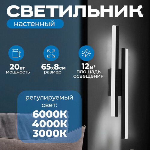 Светильник светодиодный Eleven Black 650x80 мм 20W регулируемый свет (теплый/нейтральный/холодный)