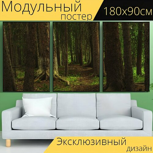 Модульный постер "Лес, зеленый, деревья" 180 x 90 см. для интерьера