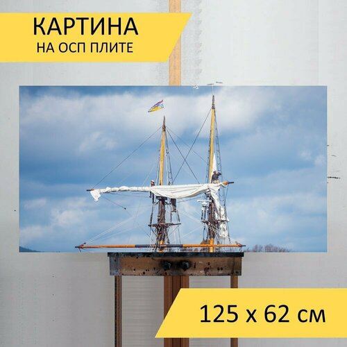 Картина на ОСП 125х62 см. "Мачта, парусное судно, парусный спорт" горизонтальная, для интерьера, с креплениями