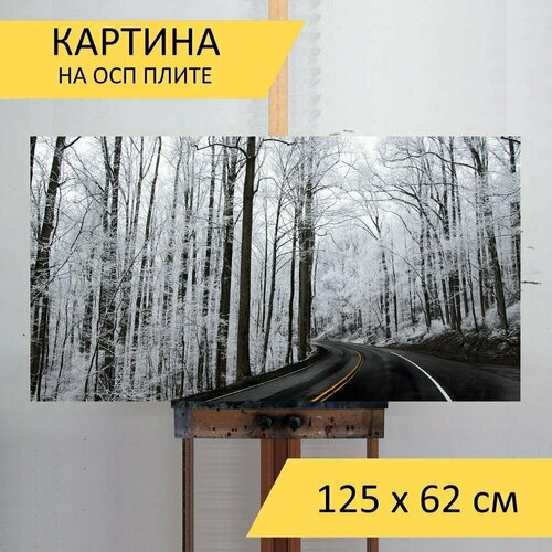 Картина на ОСП 125х62 см. "Снег, деревья, лед" горизонтальная, для интерьера, с креплениями