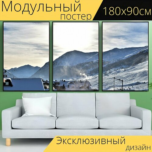 Модульный постер "Снег, пейзаж, зима" 180 x 90 см. для интерьера