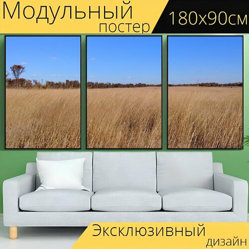 Модульный постер "Трава, пейзаж, живописный" 180 x 90 см. для интерьера