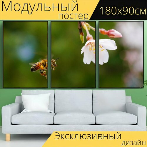 Модульный постер "Пчела, вишня, одуванчик" 180 x 90 см. для интерьера
