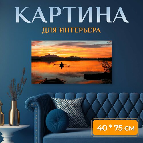 Картина на холсте "Заход солнца, воды, озеро" на подрамнике 75х40 см. для интерьера