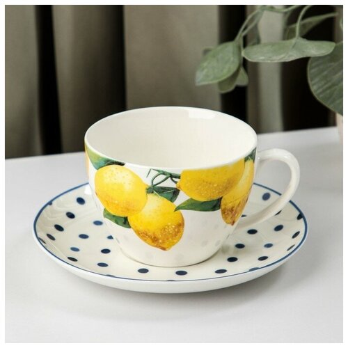 Чайная пара Доляна «Лимон», чашка 250 мл, блюдце d=15 см