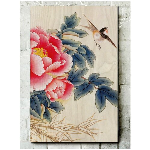 Картина интерьерная на дереве китайская живопись (Го - хуа, цветы и птицы, пионы) - 895