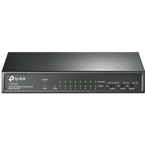 DAHUA DH-SF1009P 9-портовый неуправляемый коммутатор с РоЕ, 8xRJ45 100Mb PoE, 1xRJ45 100Mb uplink, суммарно 96Вт, коммутация 1.8 Гбит/с, MAC-таблица 2