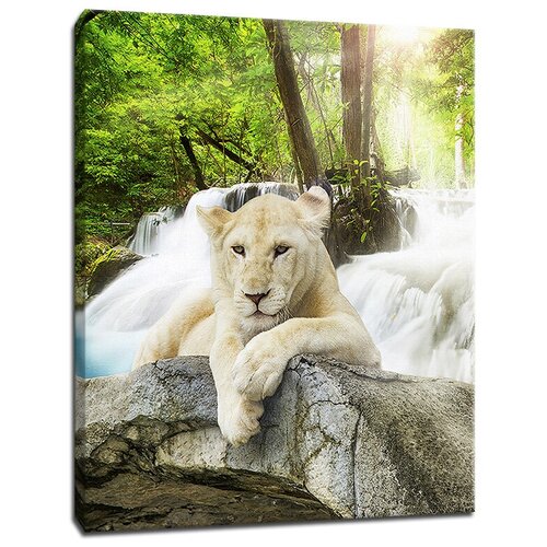 Картина Уютная стена "Белый лев на фоне водопада" 50х60 см
