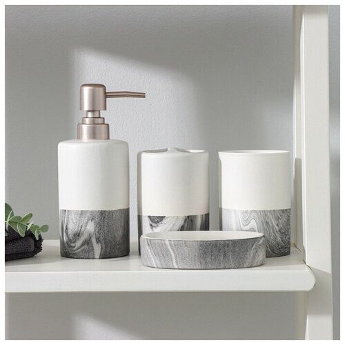 SAVANNA Набор аксессуаров для ванной комнаты SAVANNA Stone gray, 4 предмета (дозатор для мыла 390 мл, 2 стакана, мыльница), цвет белый