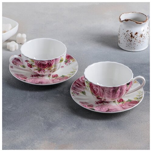 Сервиз чайный фарфоровый Доляна "Вдохновение", 4 предмета: 2 чашки 230 мл, 2 блюдца d=15 см, цвет розовый