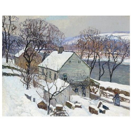 Репродукция на холсте Зимний пейзаж с домами у реки Редфилд Эдвард 51см. x 40см.