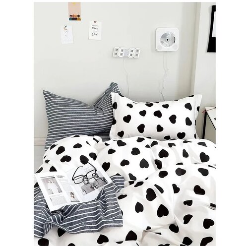 Комплект постельного белья GoodNight 1037 с компаньоном, 2-спальное с европростыней, хлопок, белый/черный