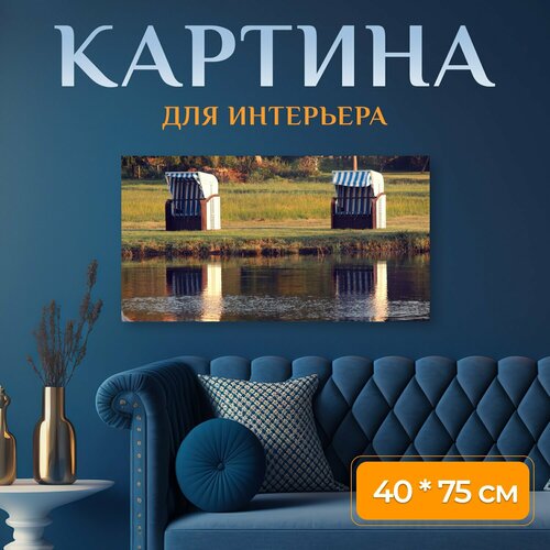Картина на холсте "Утреннее солнце, восход солнца, шезлонги" на подрамнике 75х40 см. для интерьера
