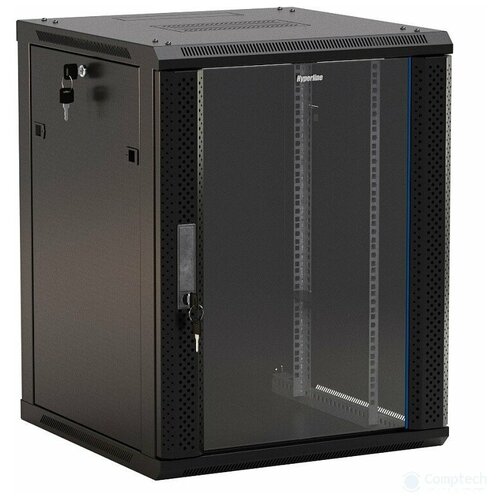 Hyperline TWB-0945-GP-RAL9004 Шкаф настенный 19-дюймовый (19"), 9U, 500x 600х 450мм, стеклянная дверь с перфорацией по бокам, ручка с замком, цвет чер