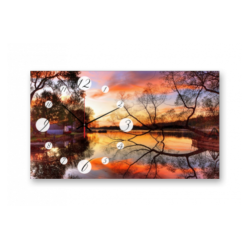 Часы настенные на стекле | Diva Kartina | Природа. Огненный закат на озере | 70X40 см | Немецкий механизм