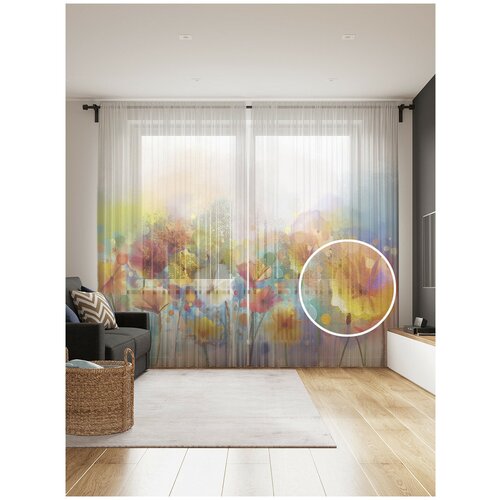 Тюль для кухни и спальни JoyArty "Размытые цветы", 2 полотна со шторной лентой шириной по 145 см, высота 265 см.