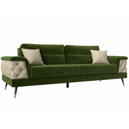 Прямой диван-кровать Лига-023, Микровельвет зеленый, Экокожа бежевая
