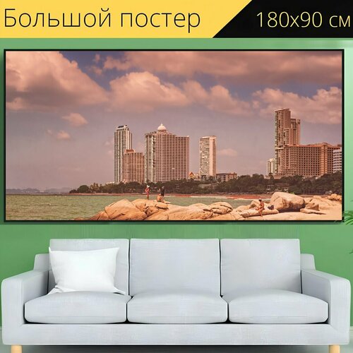 Большой постер "Пляж, море, городской пейзаж" 180 x 90 см. для интерьера