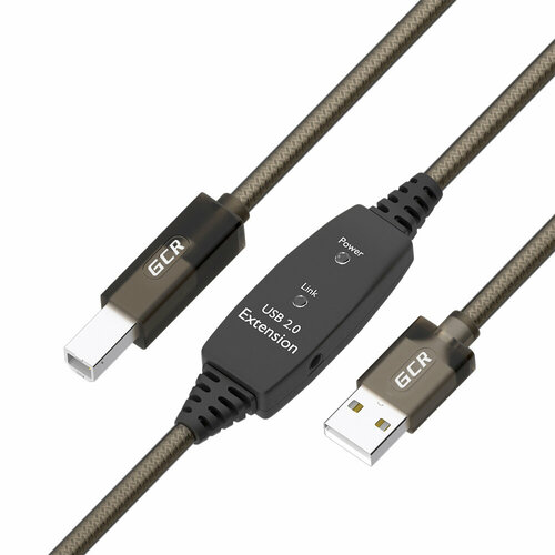 GCR Кабель активный 7.5m USB 2.0, AM/BM, черно-прозрачный, с усилителем сигнала, разъём для доп. питания, 28/24 AWG Кабель Greenconnect 7.5 м (GCR-53782)