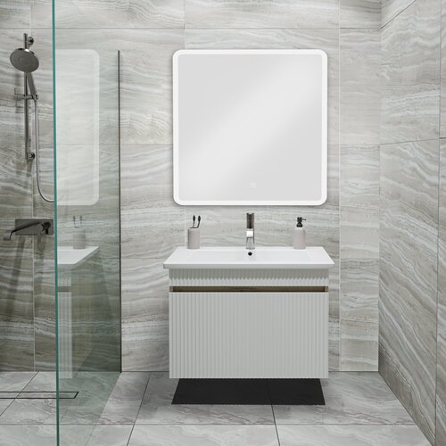 Мебель для ванной Модена 75, крафтовый дуб (тумба с раковиной, зеркало Руан 80)