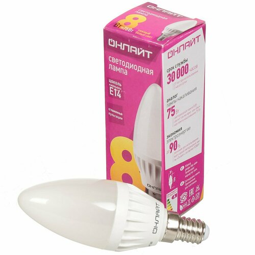 Лампа светодиодная E14, 8 Вт, 75 Вт, свеча, 2700 К, свет теплый белый, Онлайт