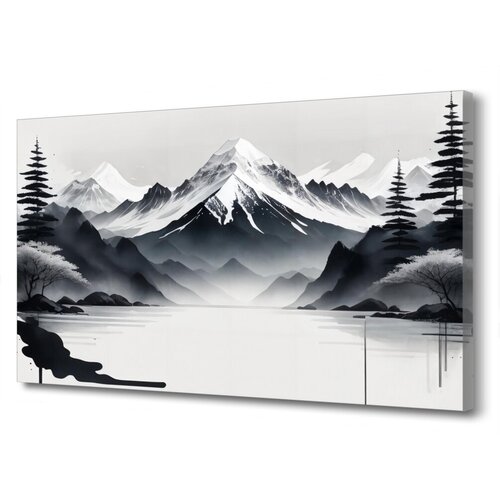 Картина на холсте "Озеро в горах. Инк арт." PRC-1694 (45x30см). Натуральный холст