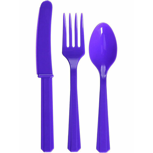 Прочные пластиковые приборы фиолетовые: вилка, нож, ложка, 24 шт