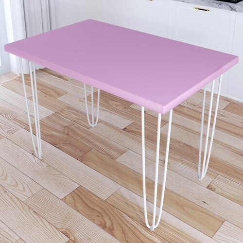 Стол кухонный Loft со столешницей розового цвета из массива сосны 40 мм на белых металлических ножках-шпильках, 90x80х75 см