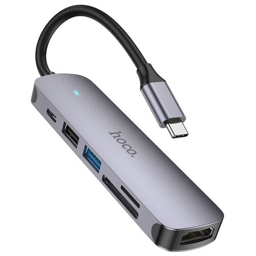 HUB адаптер HOCO HB28 6 in 1, Type-C to USB2.0 + USB 3.0 + Type-C (5-20V/3A) 60W + SD + Micro SD + HDMI 4K@30Hz, Серый