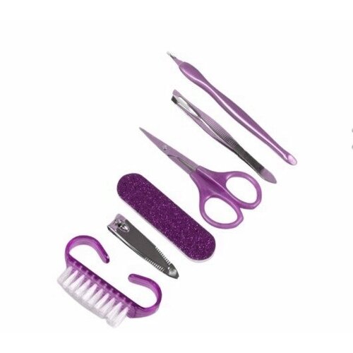 Набор маникюрный, 6 предметов/ Детский набор для маникюра (ножницы, кусачки, пилочка, триммер для кутикулы, щетка, пинцет), фиолетовый