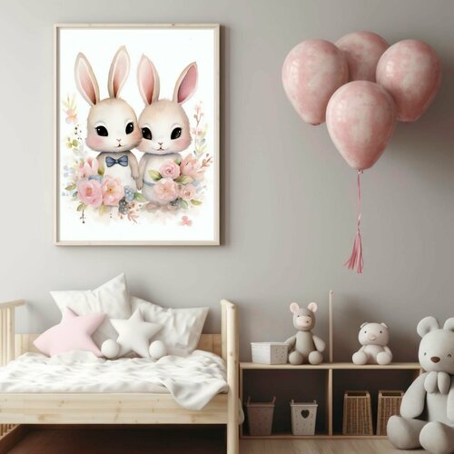 Картина/Постеры для интерьера детской "Плакат милые кролики" бумага глянцевая, размер 20х30 см.
