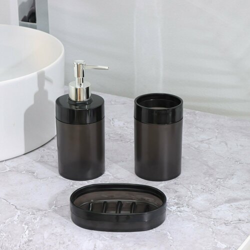Набор для ванной комнаты 3 предмета: стакан для зубных щеток, дозатор, мыльница, цвет черный