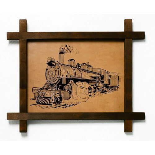 Картина "Поезд", интерьерная для украшения и декора на стену кухни гостиной детской комнаты спальни в деревянной рамке, подарок, натуральная кожа, BoomGift