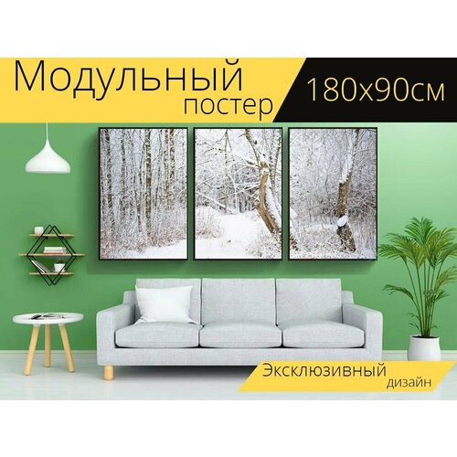 Модульный постер "Лес, дорожка, зима" 180 x 90 см. для интерьера