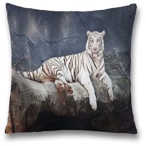 Наволочка декоративная на молнии, чехол на подушку JoyArty "Лежащий белый тигр" 45х45 см