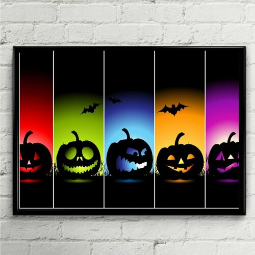 Постер "Тыквы на разноцветном фоне" на Хэллоуин (Halloween) от Cool Eshe А3
