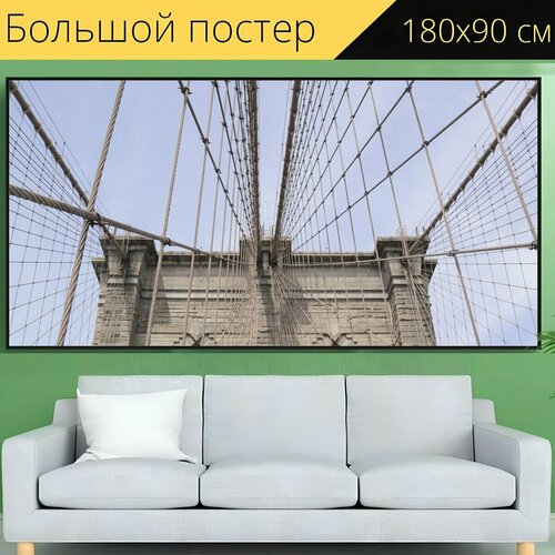 Большой постер "Бруклинский мост, нью йорк, небоскреб" 180 x 90 см. для интерьера