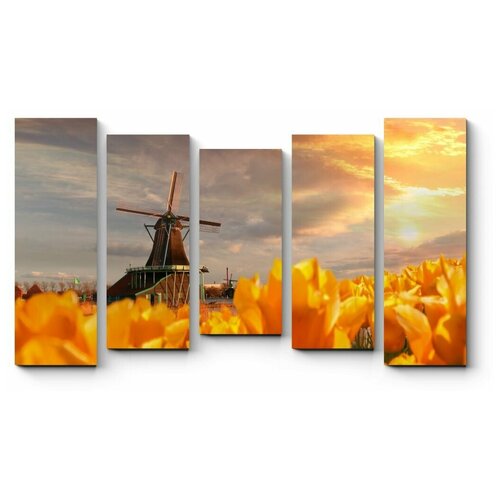Модульная картина Ветряная мельница и желтые тюльпаны на закате 130x78