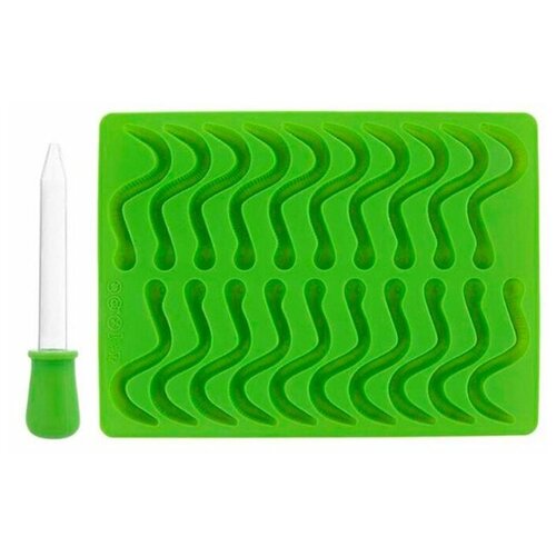 Силиконовая форма для льда, конфет желе Червяк, зеленый, пипетка в комплекте, 24,5х18х1 см