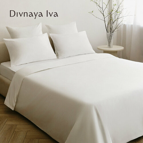 Комплект постельного белья из сатина, цвет белый, однотонный, пододеяльник 200х200 см, наволочка 2 шт. 60*60 см, Divnaya Iva