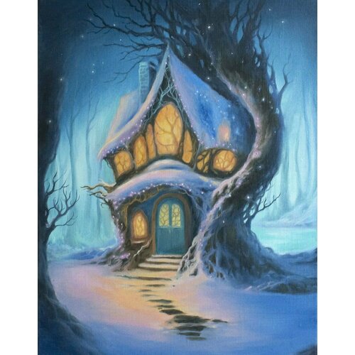 Картина маслом ручной работы "Эльфийский зимний дом", холст 30х40 см, для интерьера, в стиле фэнтези