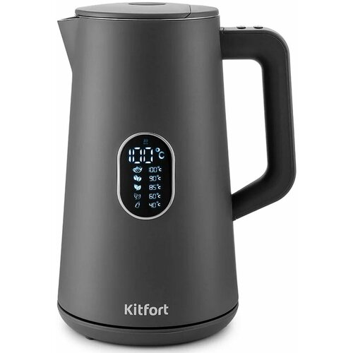 Чайник KITFORT КТ-6115-2, 1,5 л, 1800 Вт, закрытый нагревательный элемент, терморегулятор, двойные стенки, серый