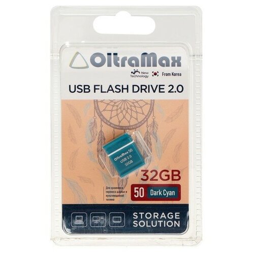 Флешка OltraMax 50, 32 Гб, USB2.0, чт до 15 Мб/с, зап до 8 Мб/с, т/зеленая 9441546