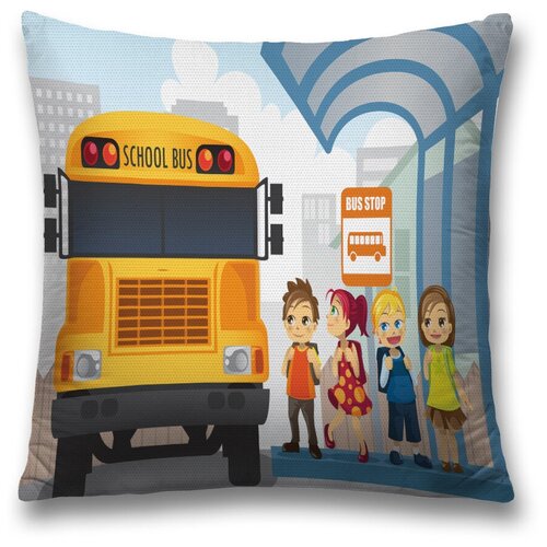 Наволочка декоративная JoyArty "Посадка в школьный автобус" на молнии, 45x45 см