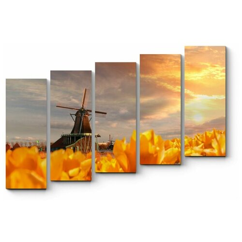 Модульная картина Ветряная мельница и желтые тюльпаны на закате 140x98