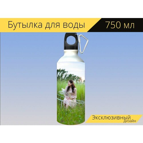 Бутылка фляга для воды "Девочка, женщина, молодой" 750 мл. с карабином и принтом